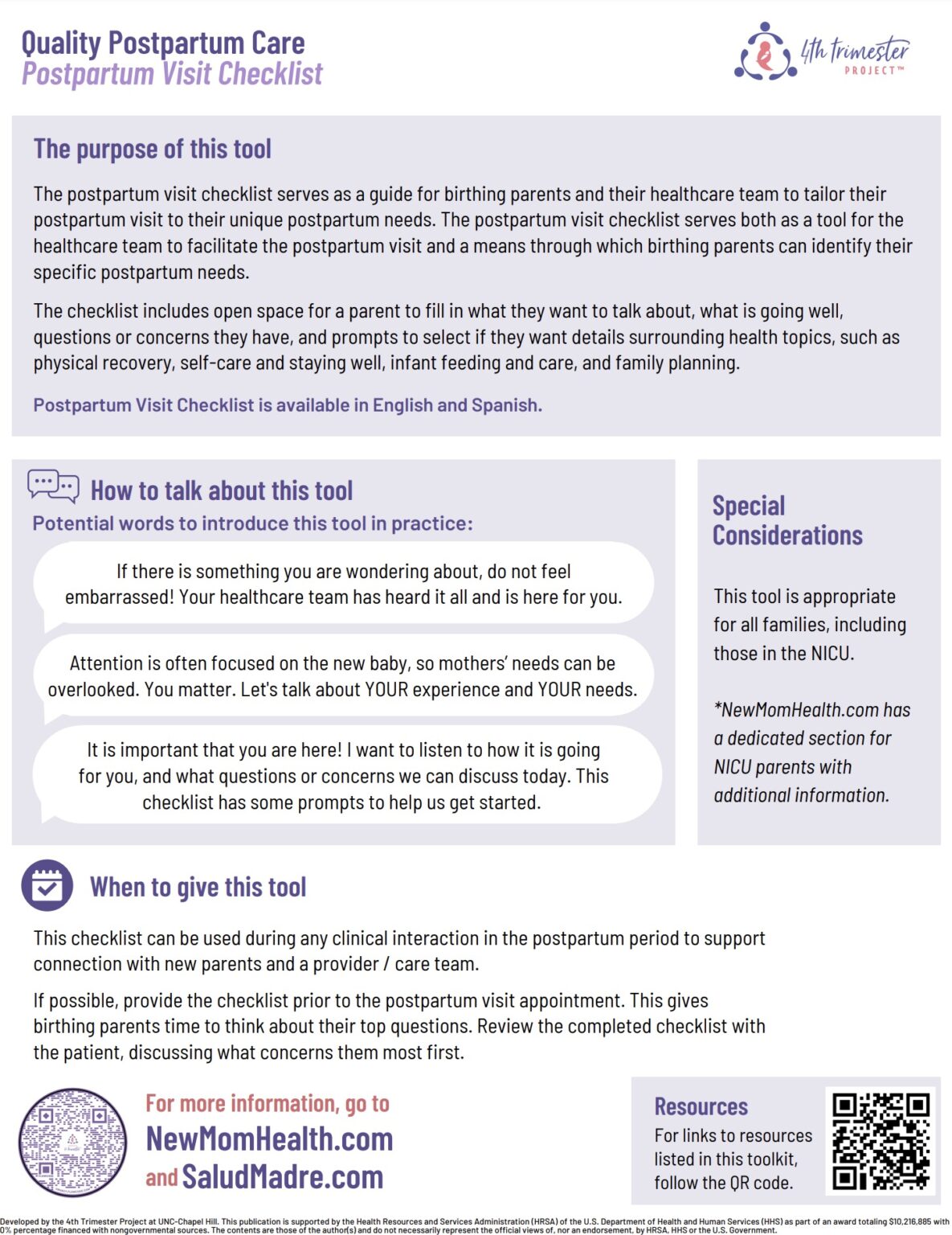 Postpartum Visit Checklist - 4th Trimester Project