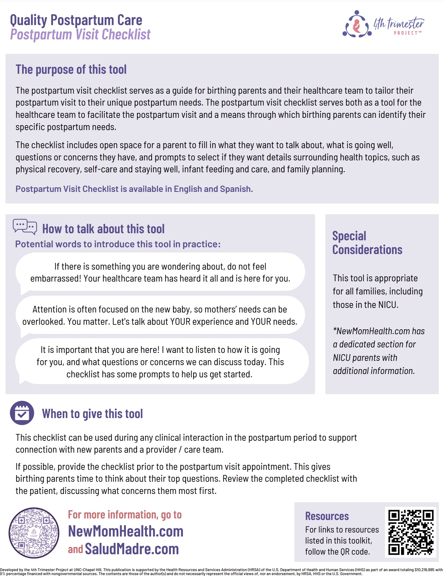 Postpartum Visit Checklist - 4th Trimester Project
