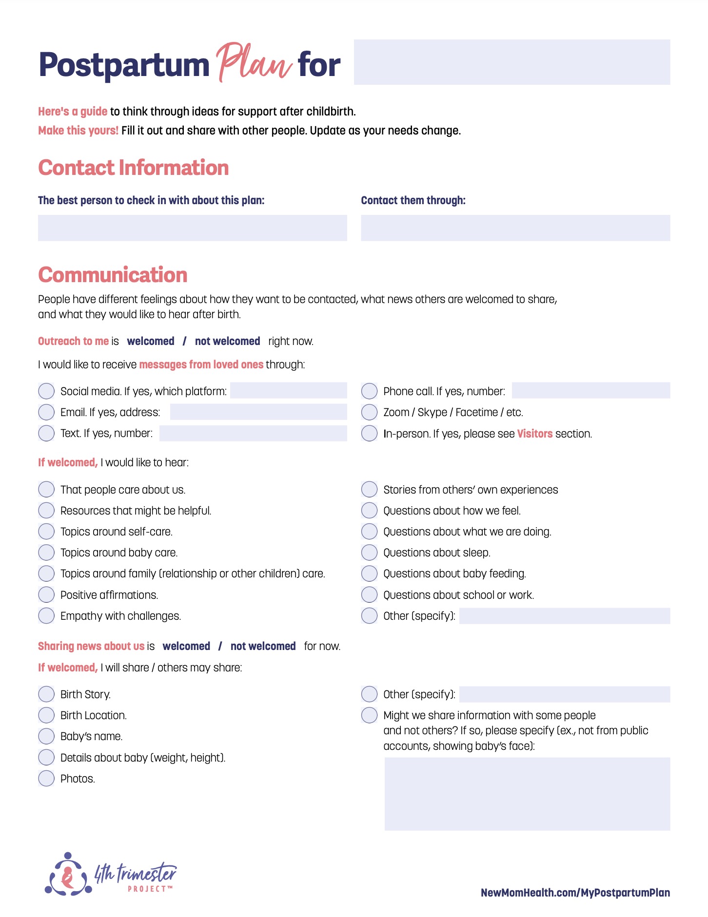 Postpartum Plan for New Parents - 4th Trimester Project